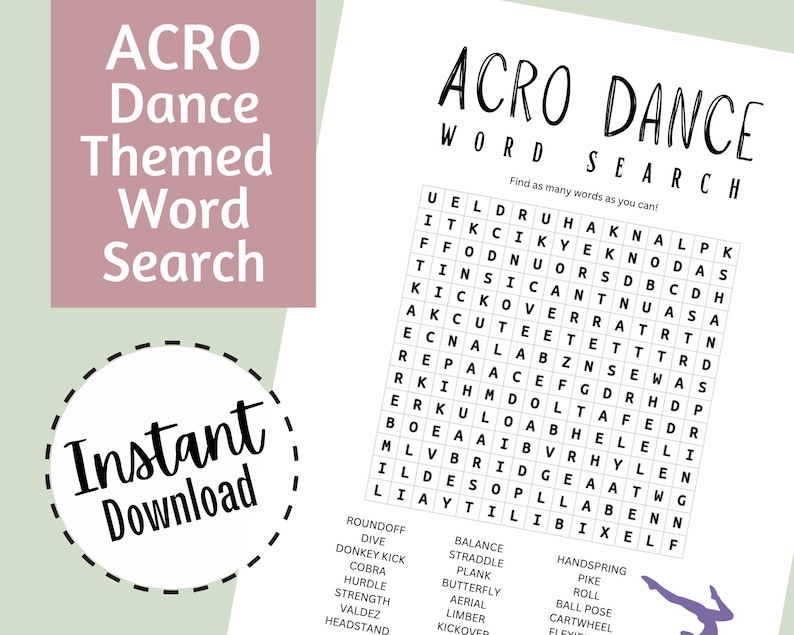 Acro Dance Word Search, Printable Dance Activity - Etsy