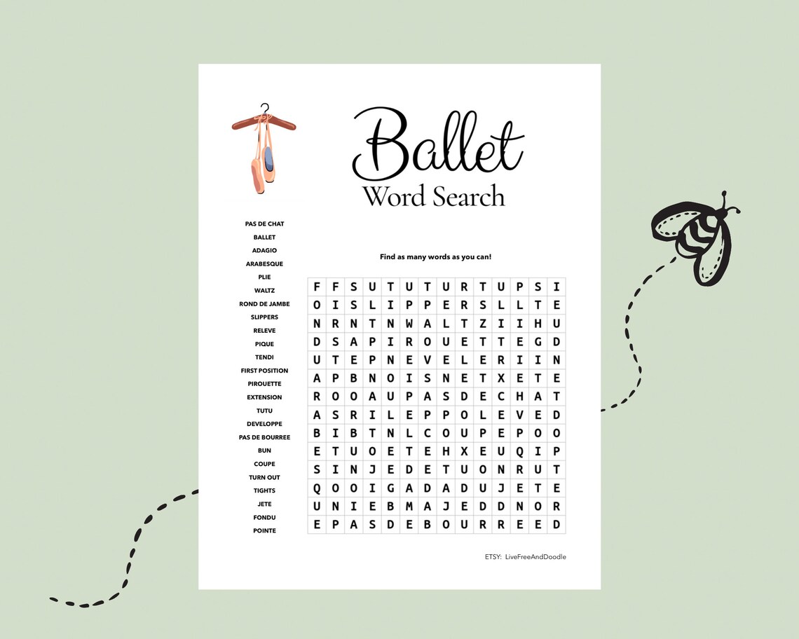 Ballet Themed Word Search, Instant Download, Printable Worksheet for ...