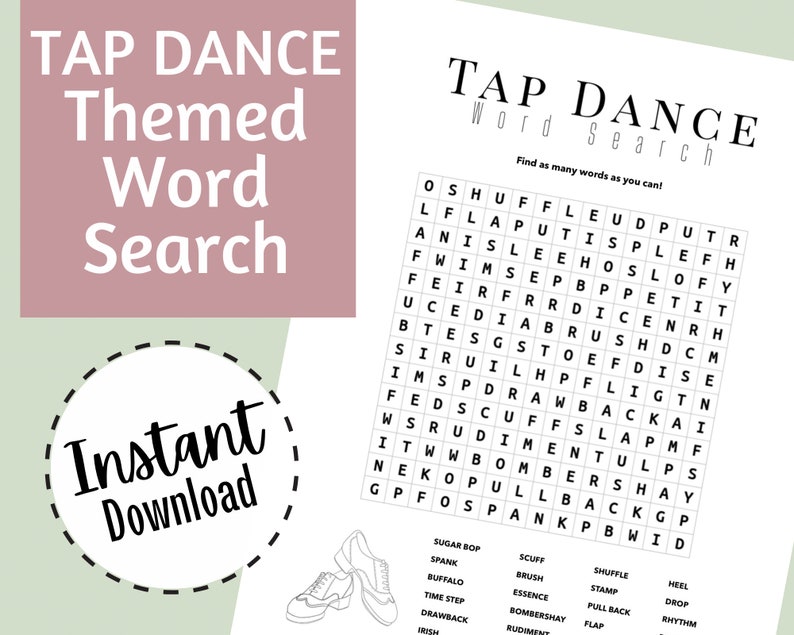 Tap Dance Themed Word Search, Instant Download PDF, Dance Teacher ...