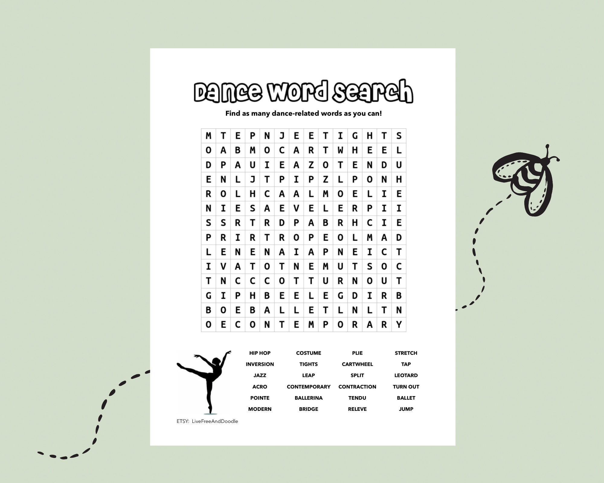Dance-themed Word Search, Instant Download, Printable Worksheet for ...
