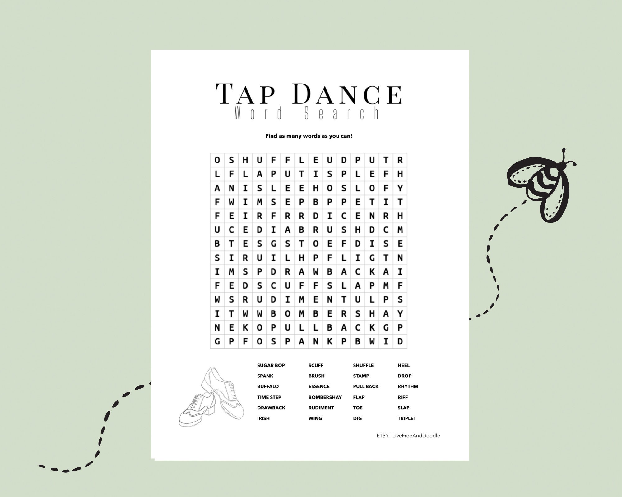 Tap Dance Themed Word Search, Instant Download PDF, Dance Teacher ...