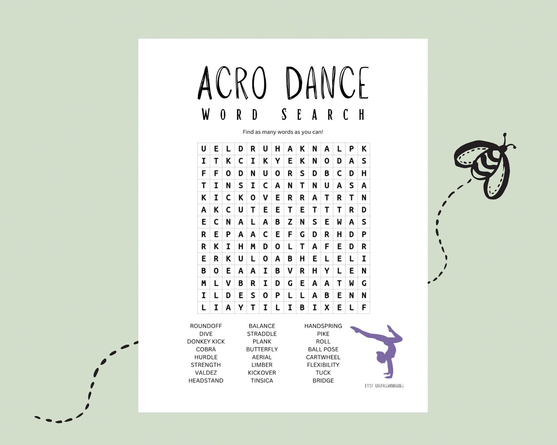 Acro Dance Word Search, Printable Dance Activity - Etsy