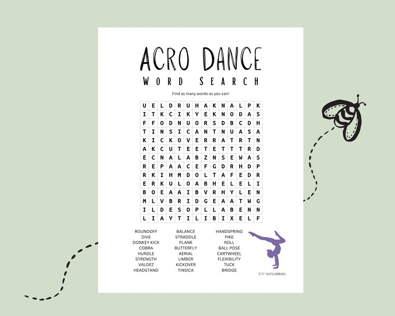 Acro Dance Word Search, Printable Dance Activity - Etsy
