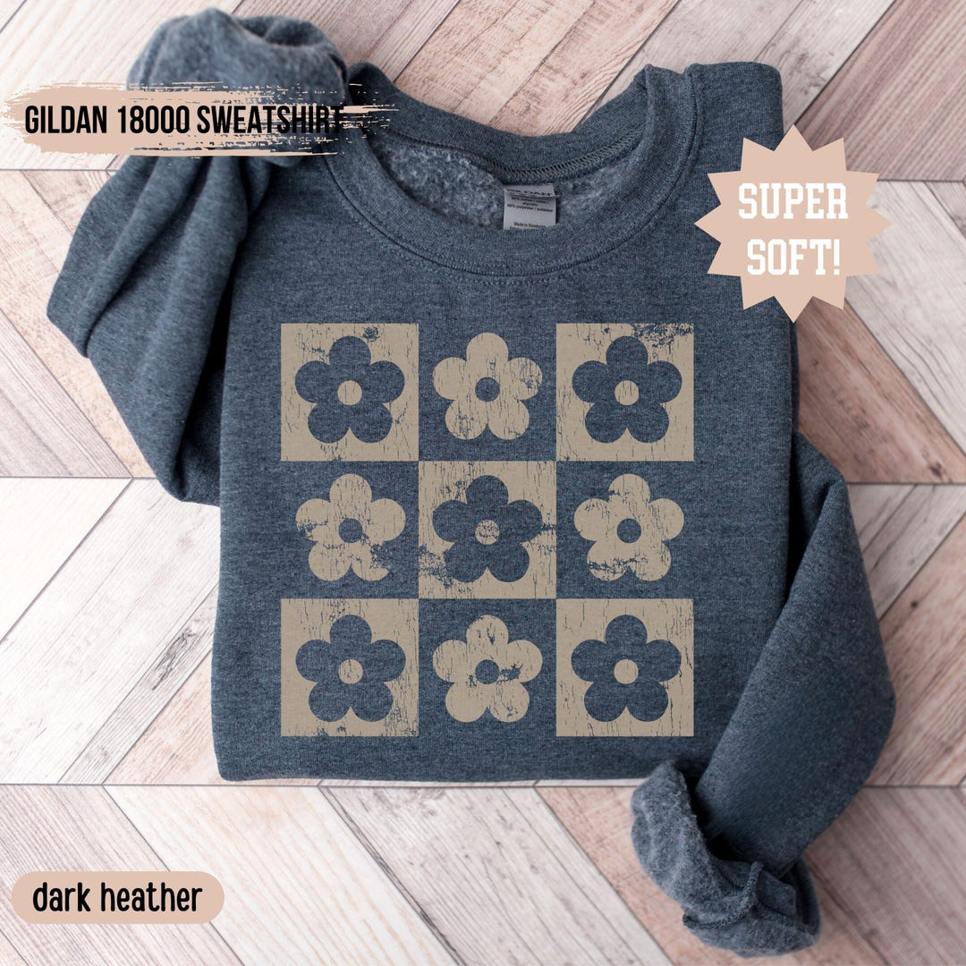 Checkered Flowers Sweatshirt Retro Flowers Sweatshirt Boho Floral Shirt ...