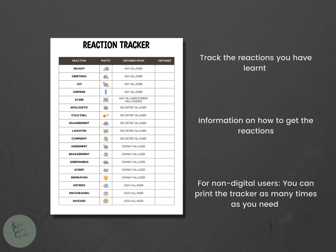 ACNH Reaction Checklist | 2.0 Update | Reaction List | Reaction Guide ...