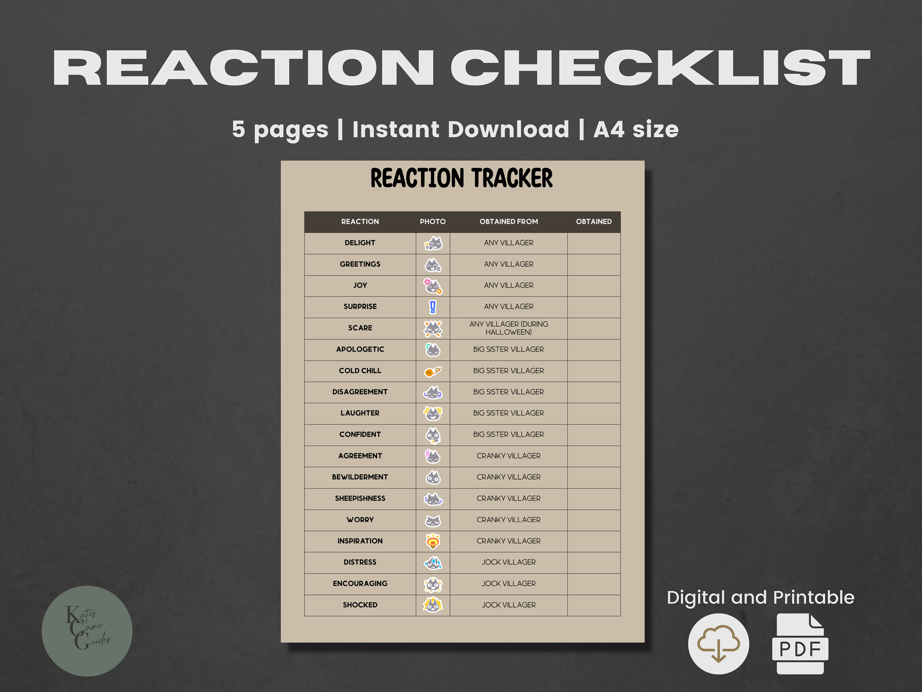 ACNH Reaction Checklist | 2.0 Update | Reaction List | Reaction Guide ...