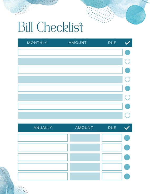 Bill Checklist Bill Tracker Debt Tracker Debt Payment Bill | Etsy