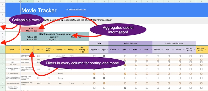 Movie Collection Tracker Spreadsheet – Google Sheets Film Log With ...