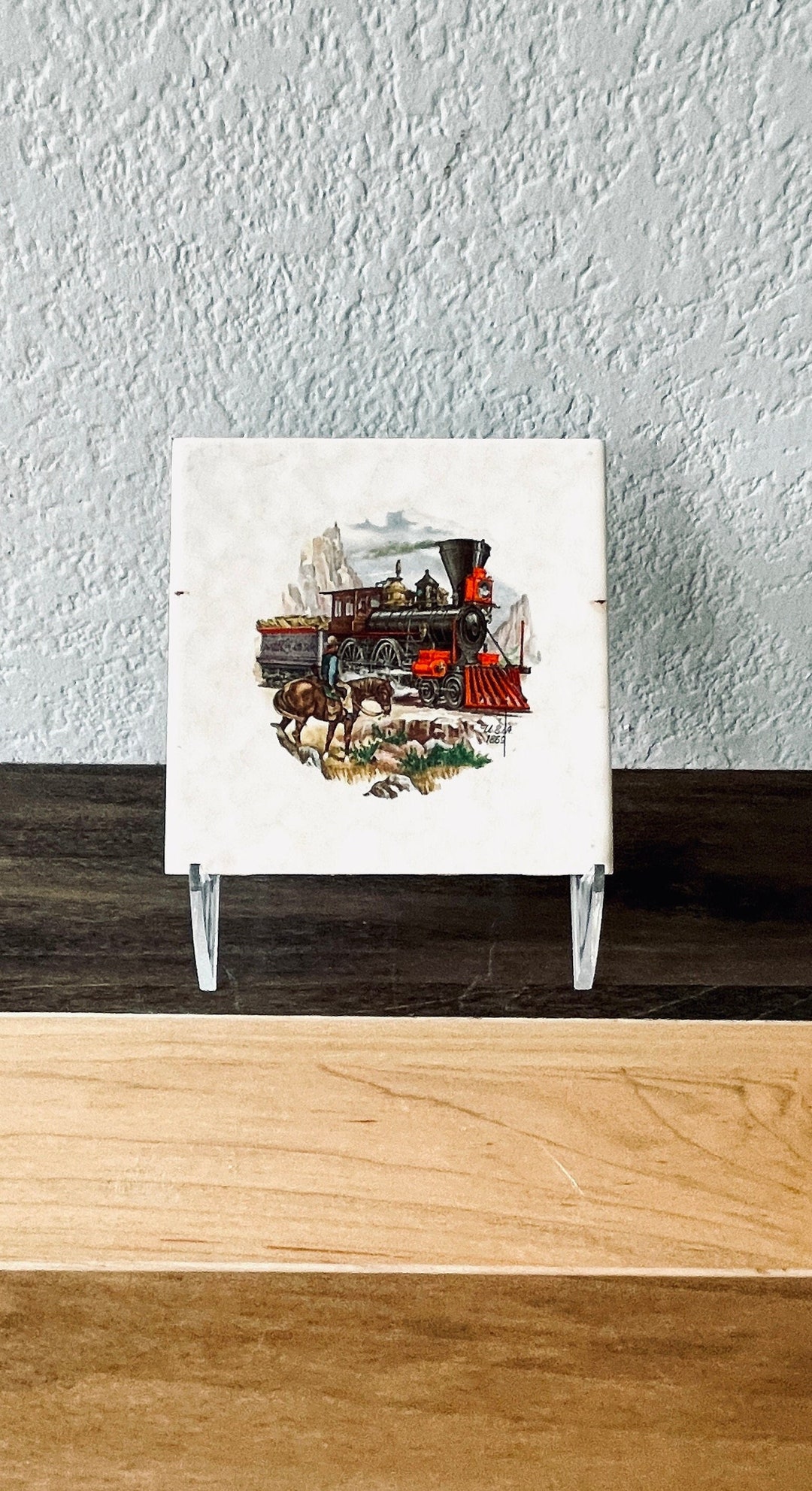 Train Tile Trivet. 1869 U.S.A. Steam Engine With Horse and Cowboy ...