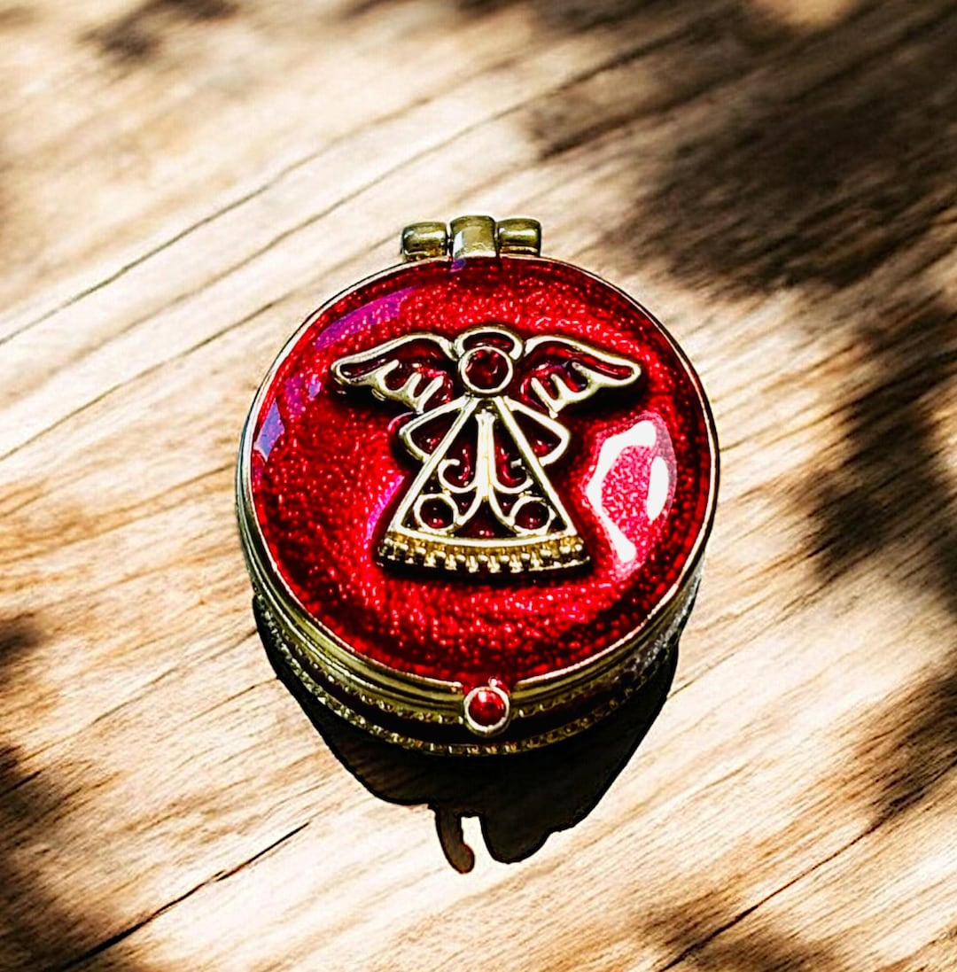 Red & Gold Angel Pill Box. Enamel Pill Box With Red Rhinestone. - Etsy