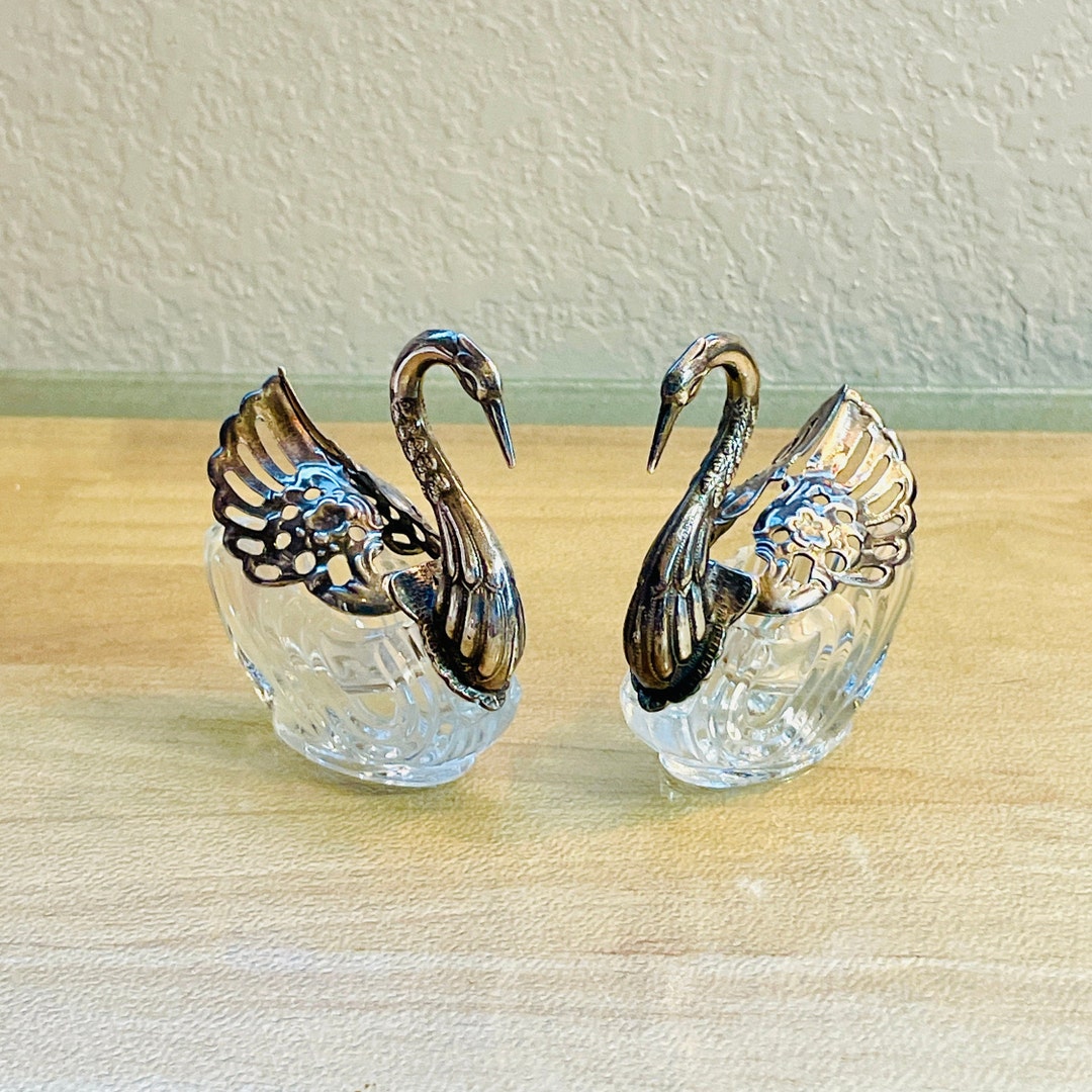Vintage Swan Salt Cellars Charming Pair of Vintage Silver and Clear ...