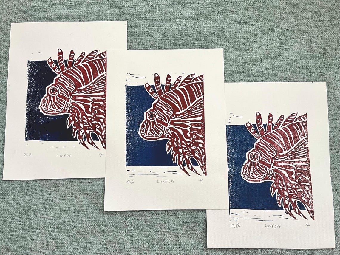 Lionfish Original Linocut Print / Costal Home Decor - Etsy