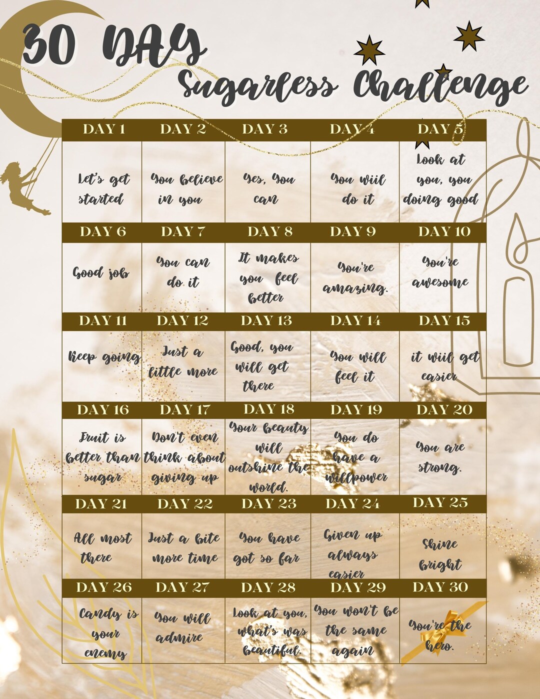 30 Challenge.challenge Sugar Free.sugarless Calendar - Etsy