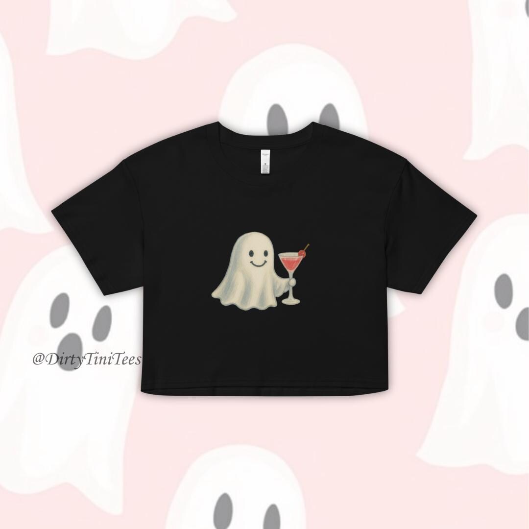 Ghost Holding Cosmo Cosmopolitan Crop Top Baby Tee Halloween Spooky ...