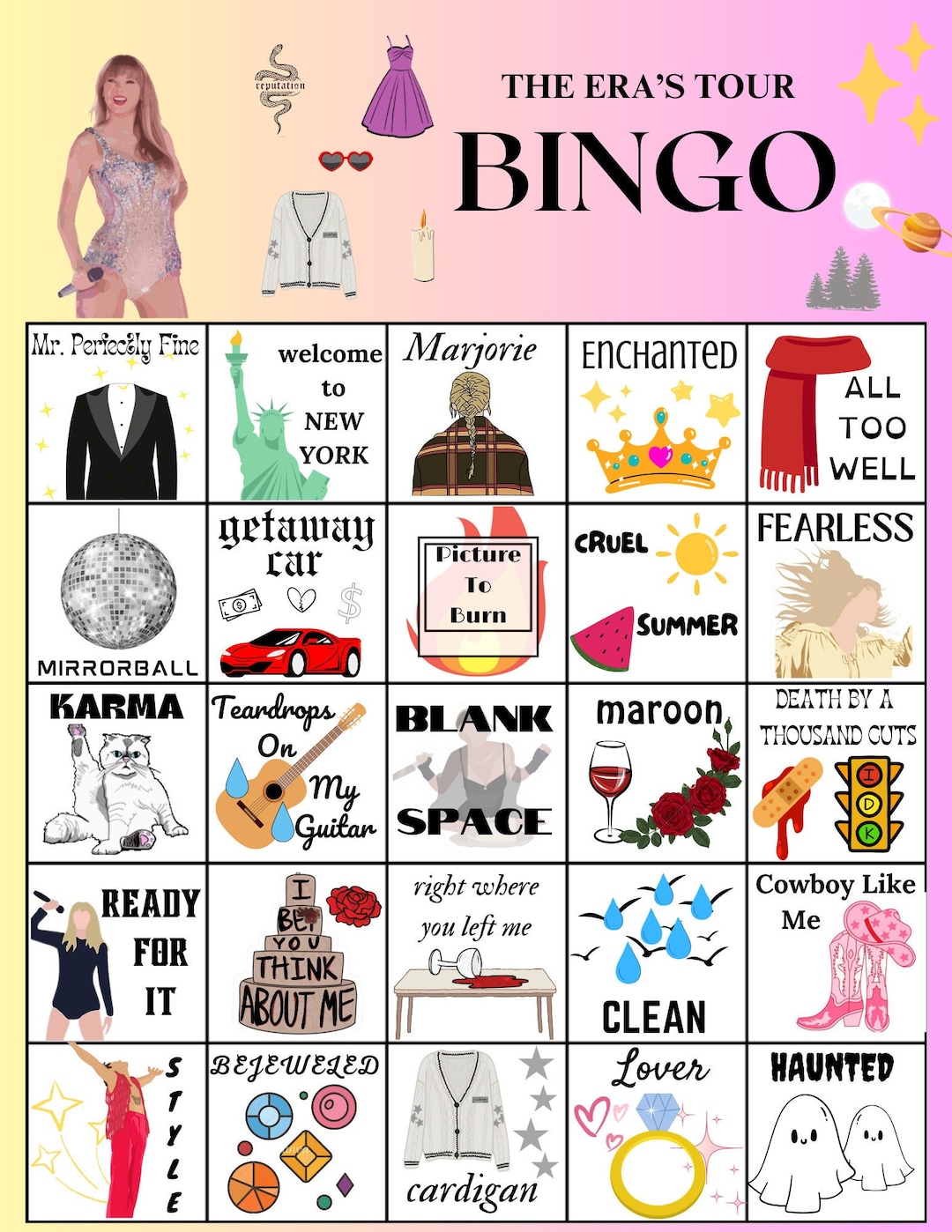 Taylor Swift Songs Bingo Cards With Included Spotify Playlist for ...