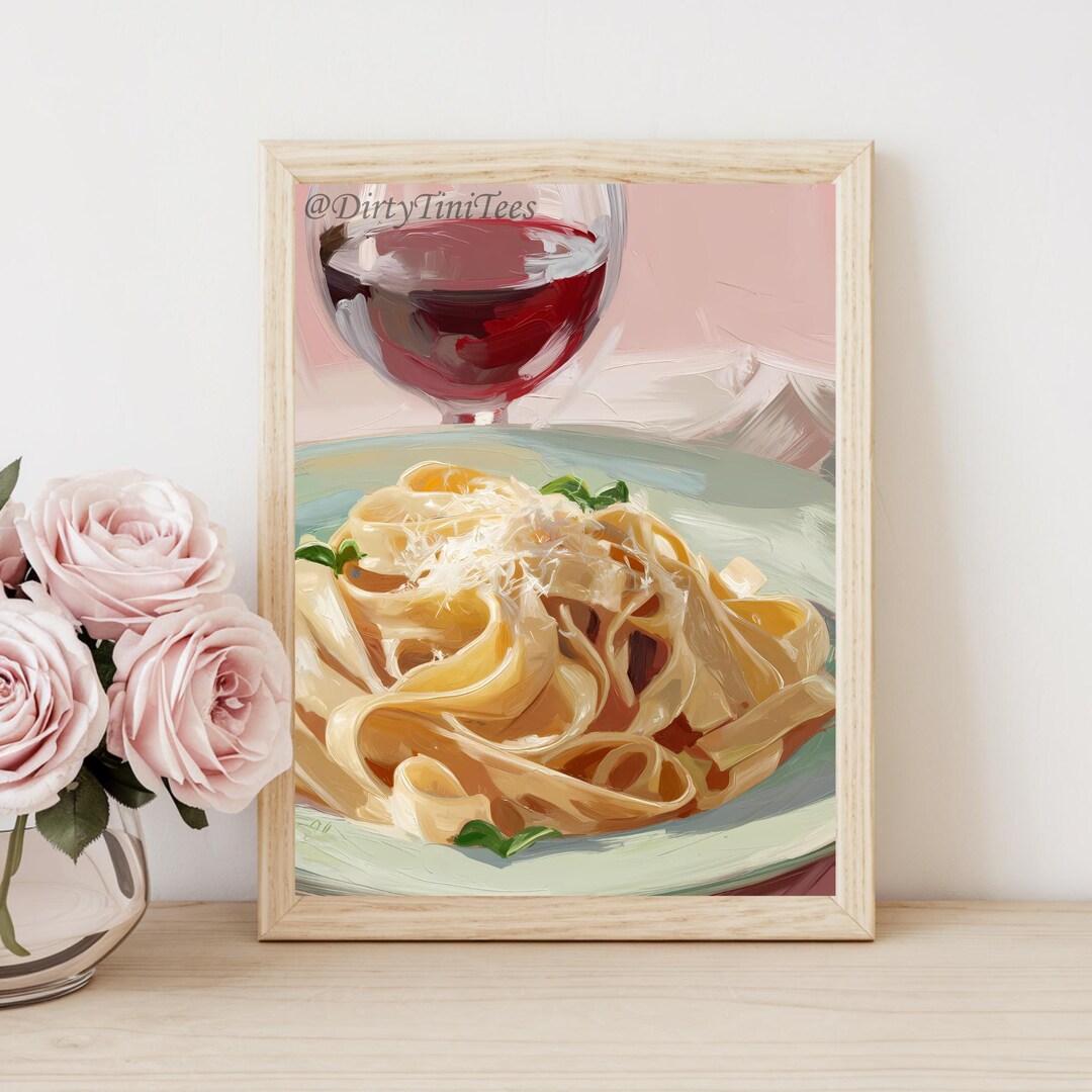 Fettuccine Alfredo & Red Wine Art Print: Girl Dinner Gallery Wall ...