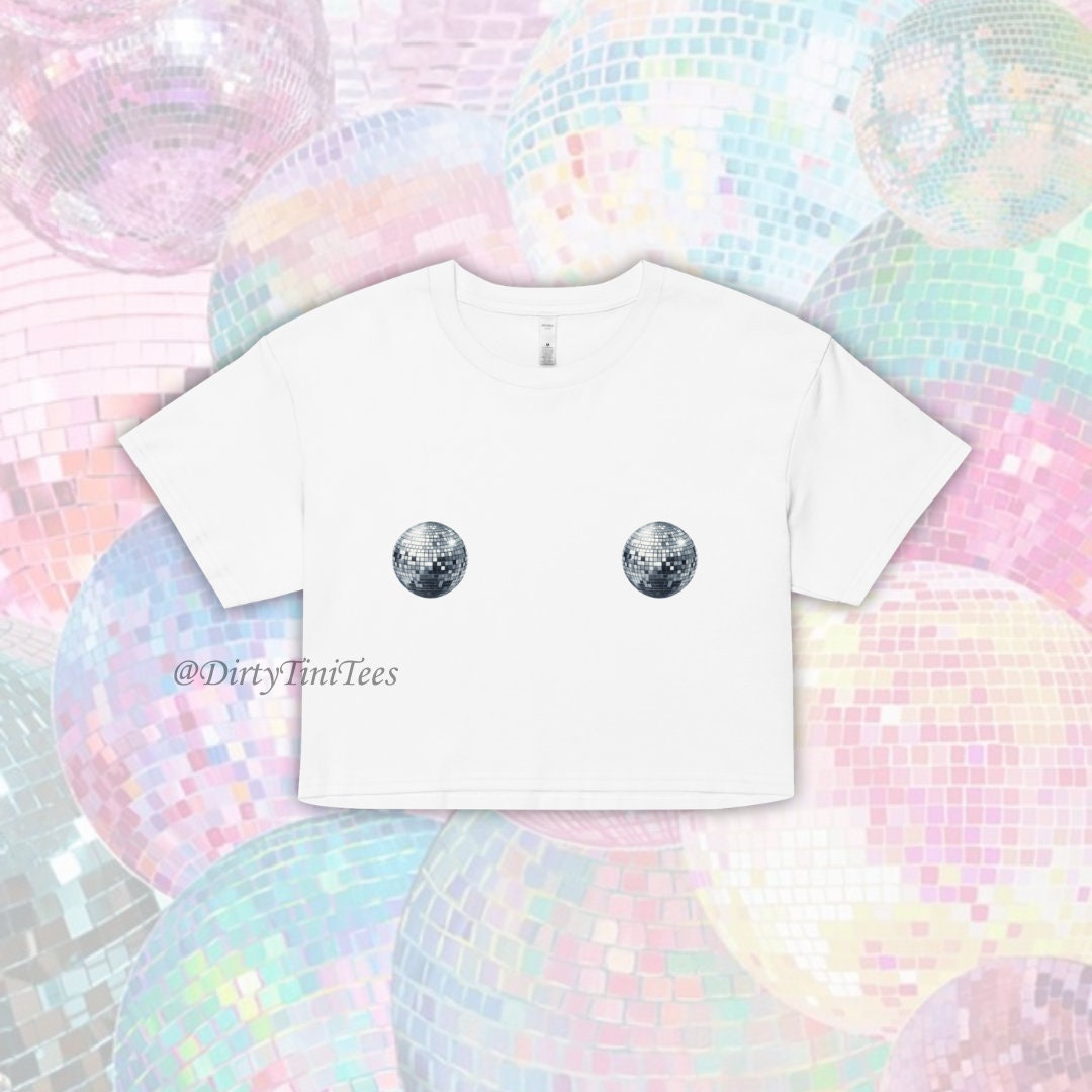Y2K Disco Ball Nips Bachelorette Party Disco Themed Crop Top Baby Tee ...