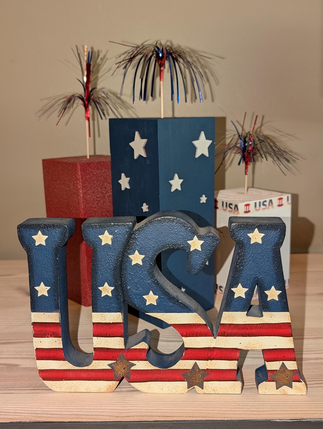 Patriotic Wooden Firecracker Decor – Set of 3 Rustic 4x4 Fireworks ...