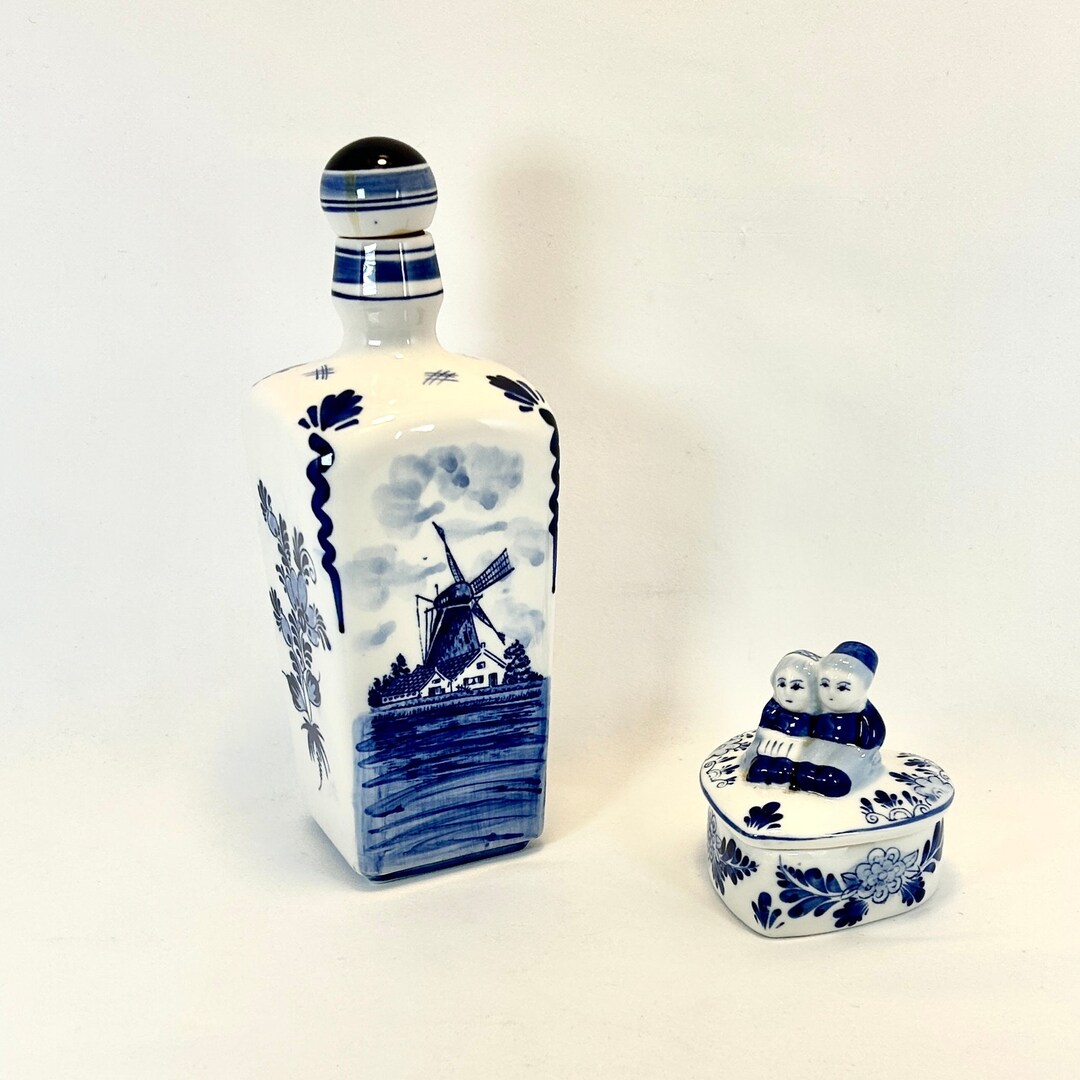 Vintage Delft Blue Windmill and Floral Decanter PLUS A Heart Shape ...