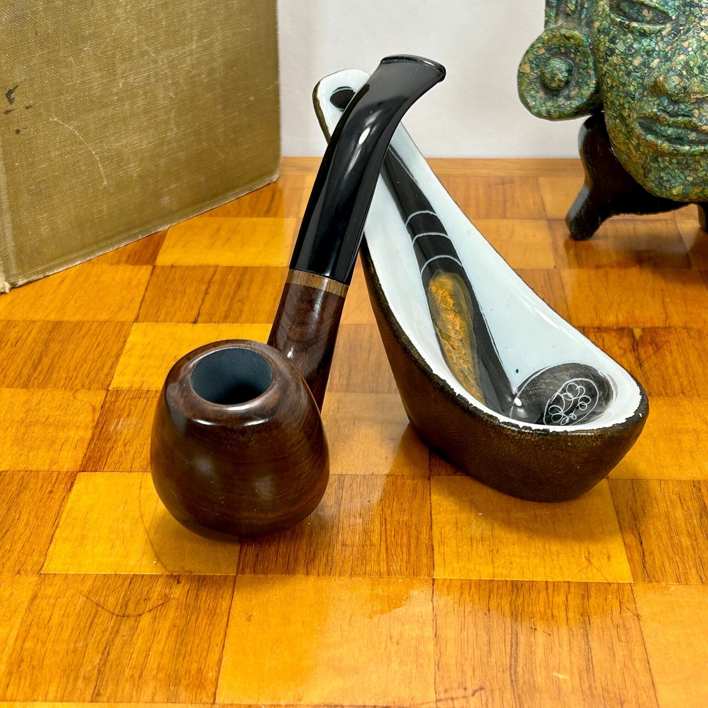 Vintage Italian Ceramic and Leather Tooled Single Pipe Rest Stand With ...