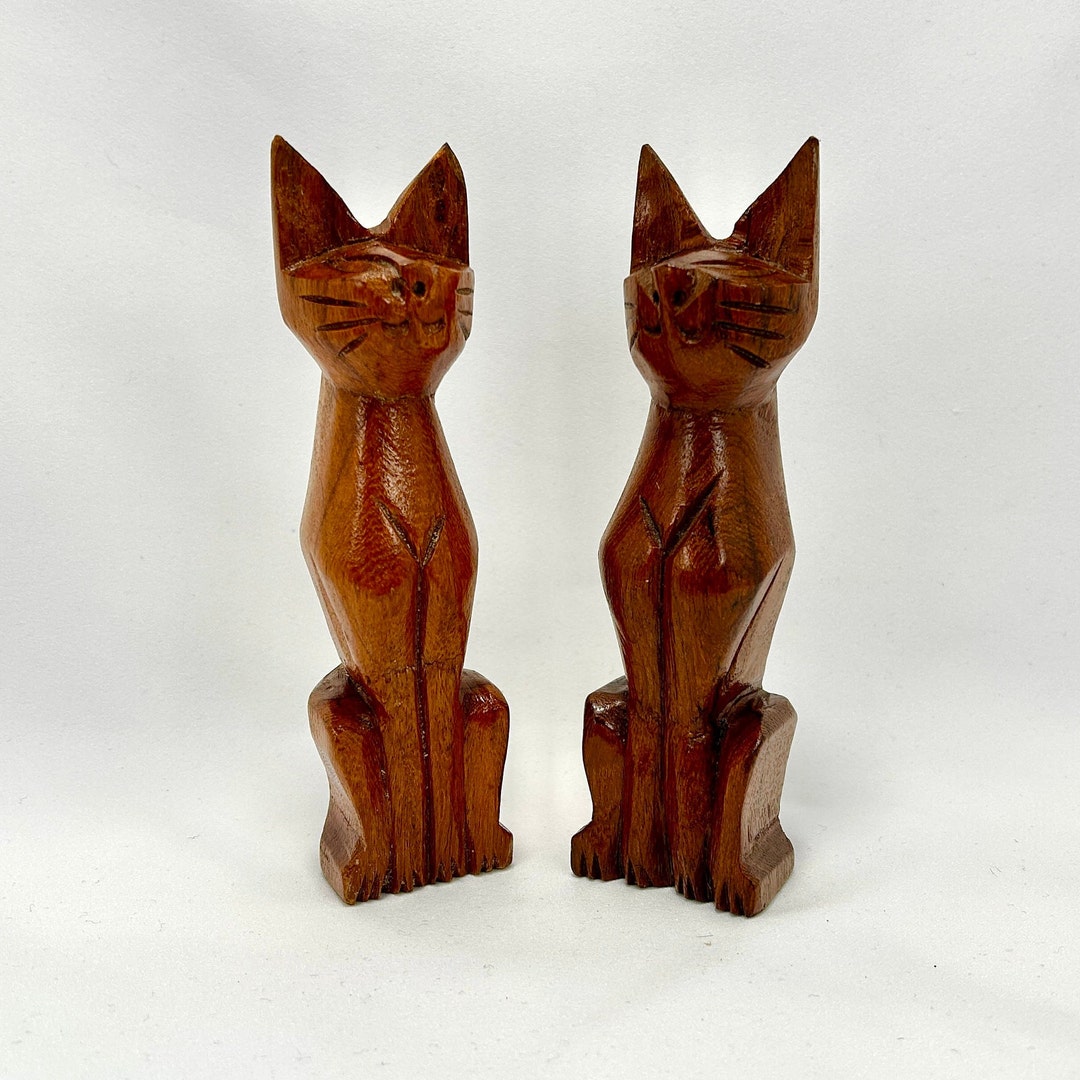 A Pair of Carved Wood Atomic Era Cat Figures Mid Century Modern 6.75 ...