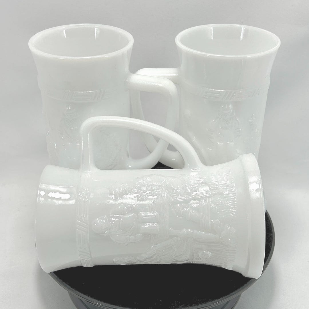 Milk Glass Beer Steins Mugs Tankards Set of 4 Embossed Raised Olde ...