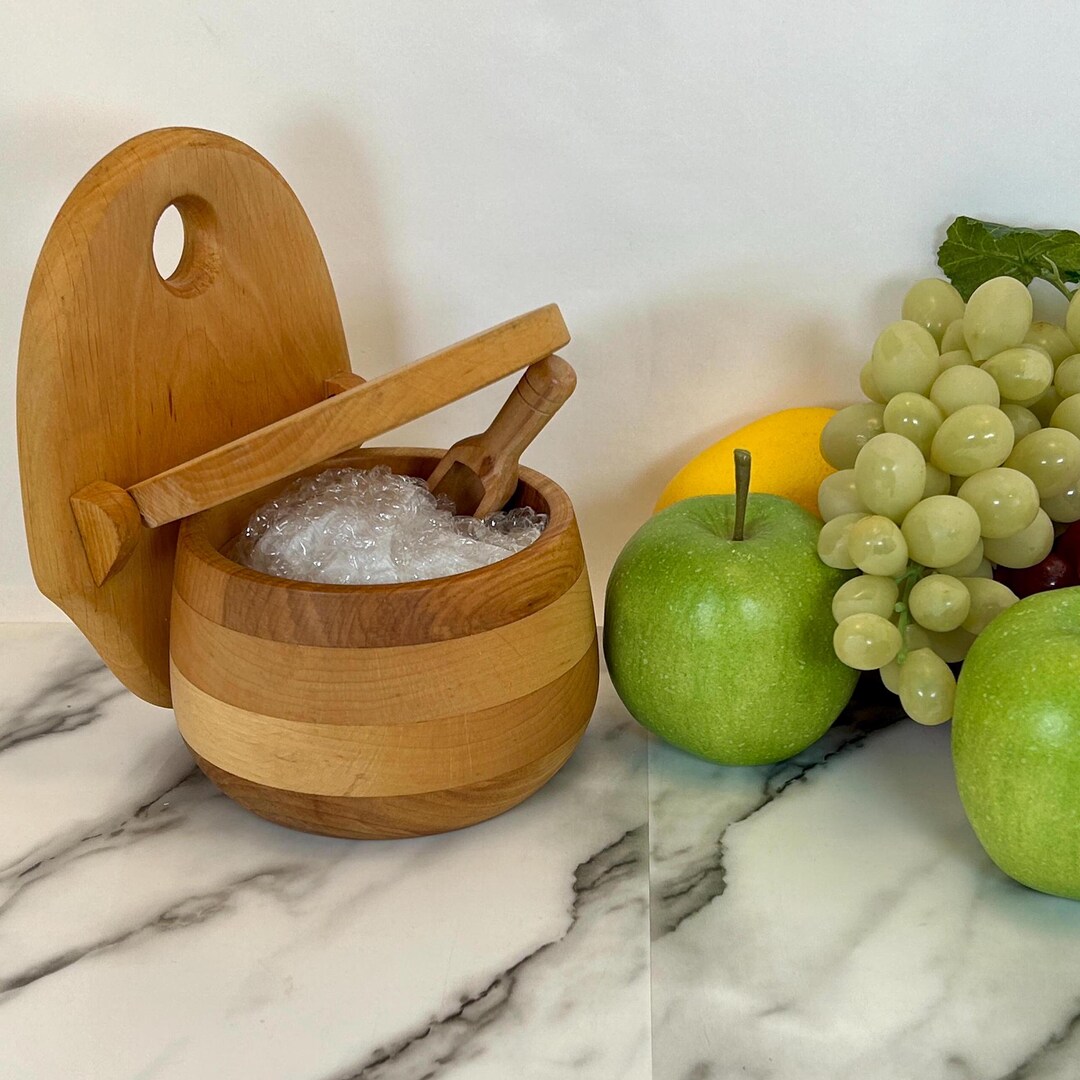 Handcrafted Wooden Lidded Salt Cellar With Scoop Round Salt Bin Country ...
