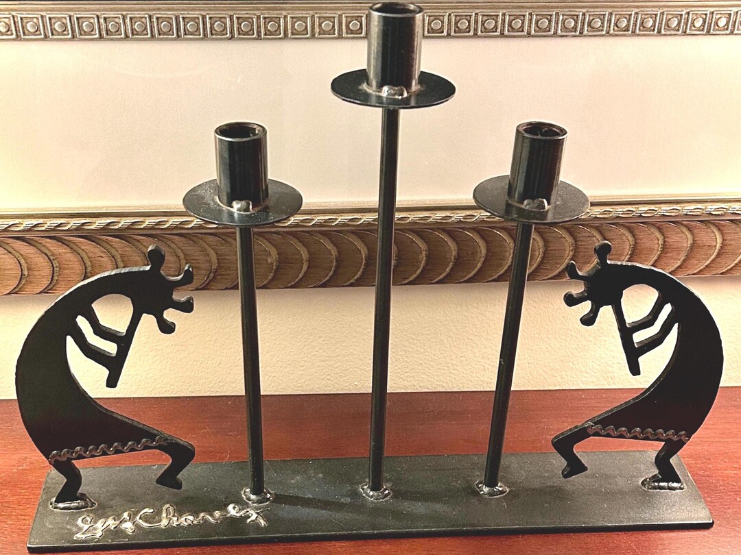 Signed Kokopelli Metal Native American Indigenous 3 Candle Holder and 2 ...