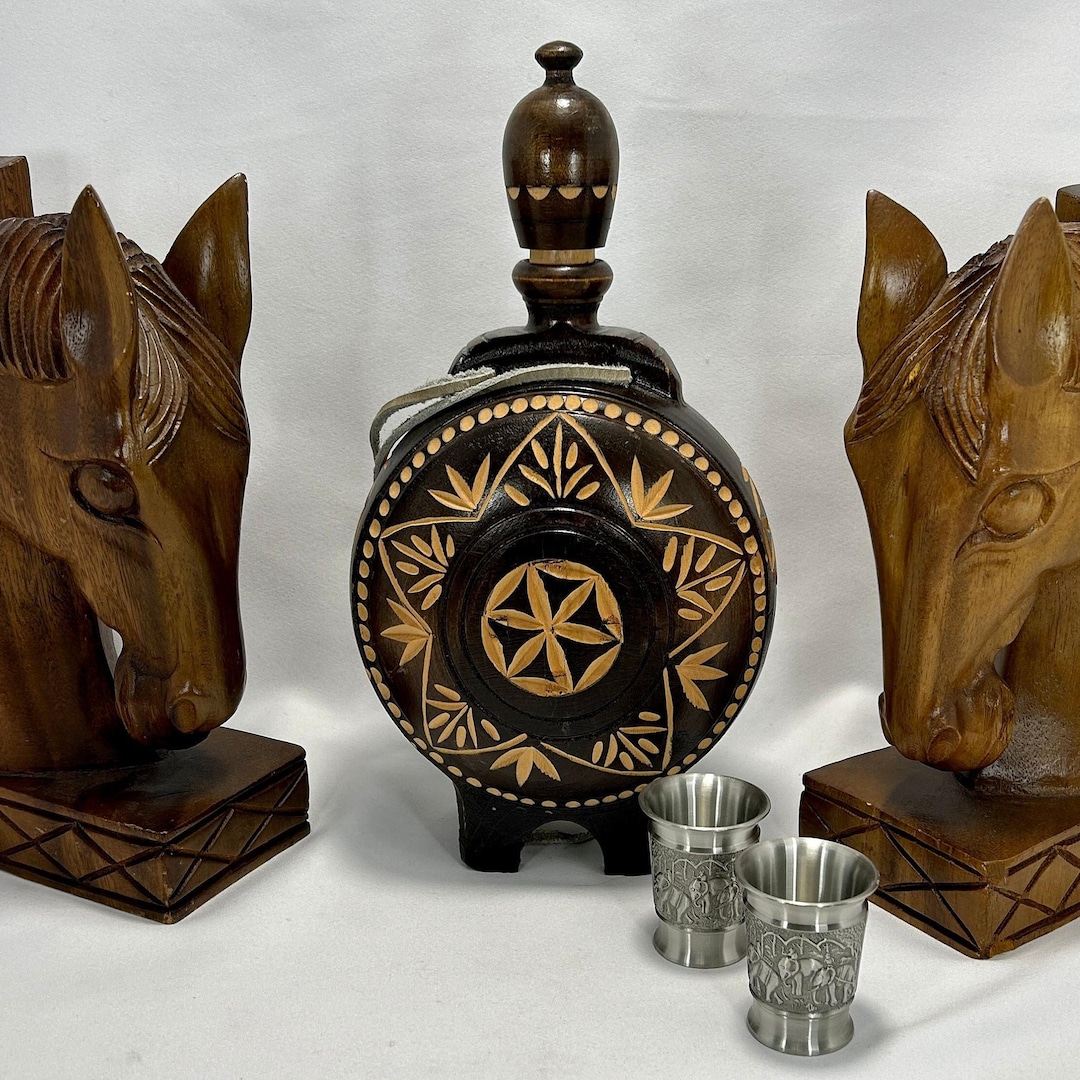 Hand Carved Wooden Canteen: Vintage Bucharest Flask With Leather Cord ...