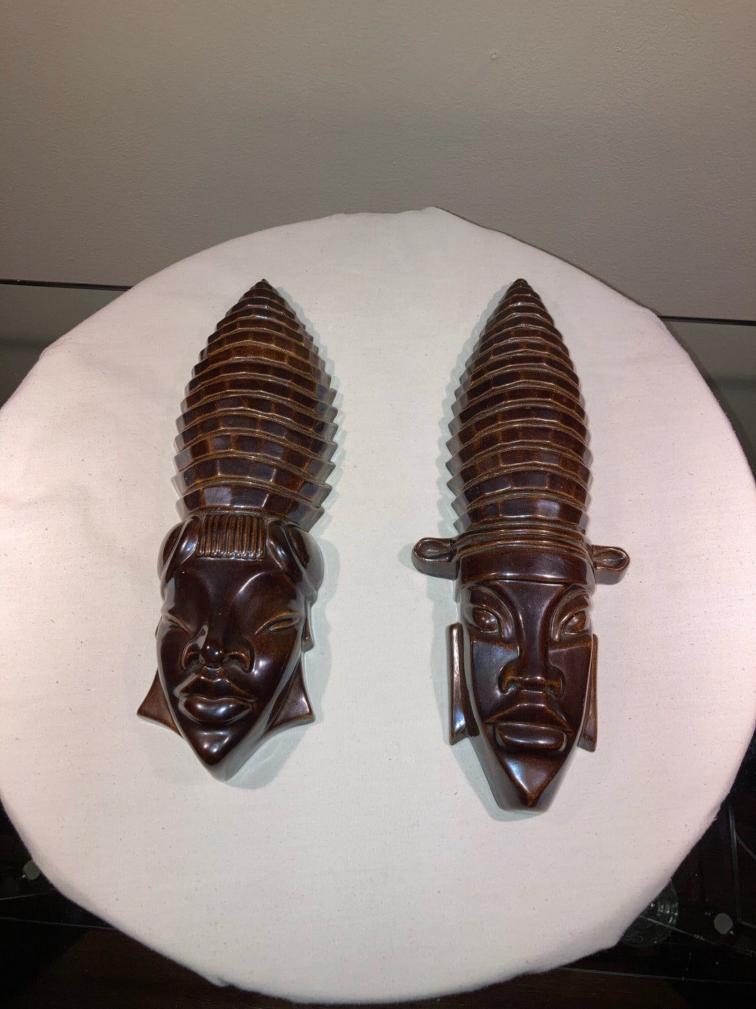 A Pair of Vintage Mallory Ceramic Studio Tribal Mask Wall Hangings Made ...