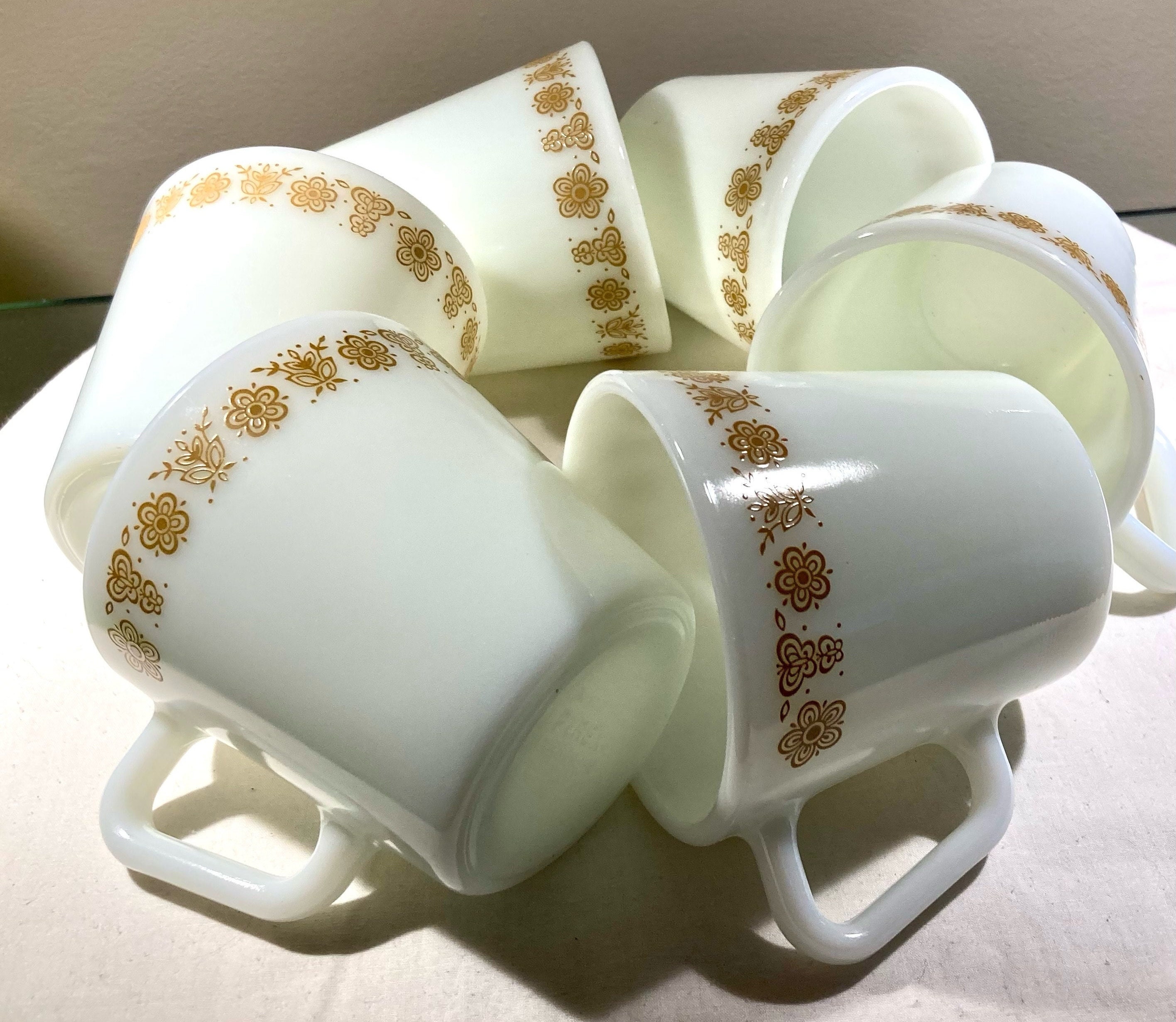 6 six Vintage Pyrex Milk Glass Coffee Mugs With Harvest Gold Butterfly ...