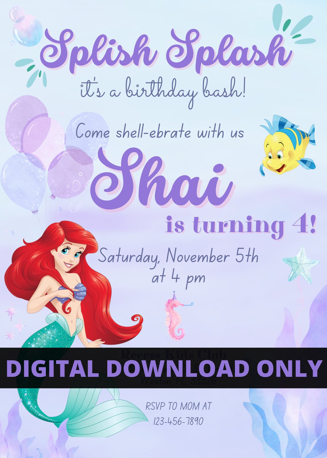 The Little Mermaid Theme Birthday Party Invitation - Etsy