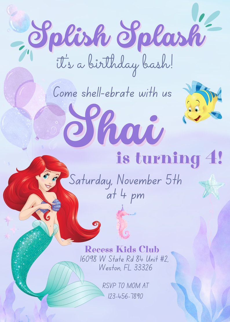 The Little Mermaid Theme Birthday Party Invitation - Etsy