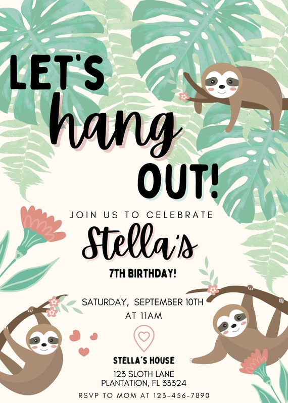 Let's Hang Out Sloth Theme Birthday Invitation - Etsy