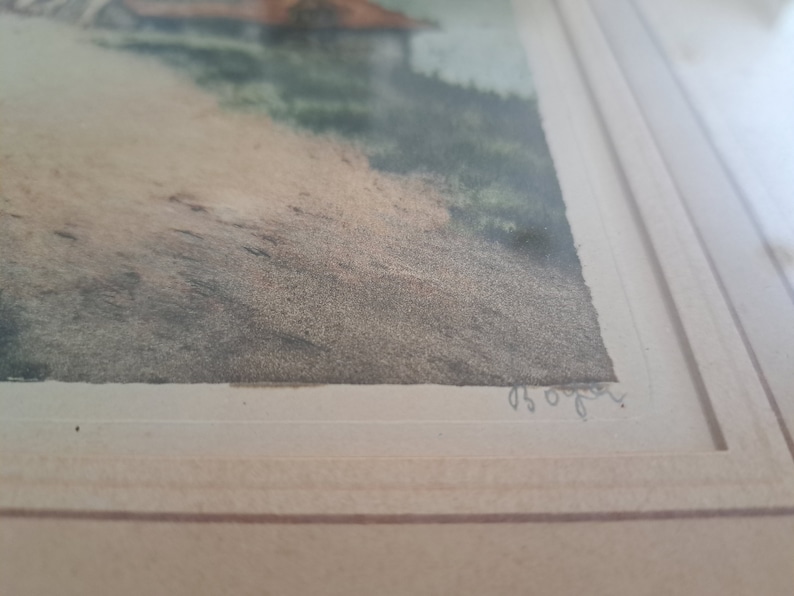 Vintage Signed Colored Etching along the Lake Pathway Along a Lake ...