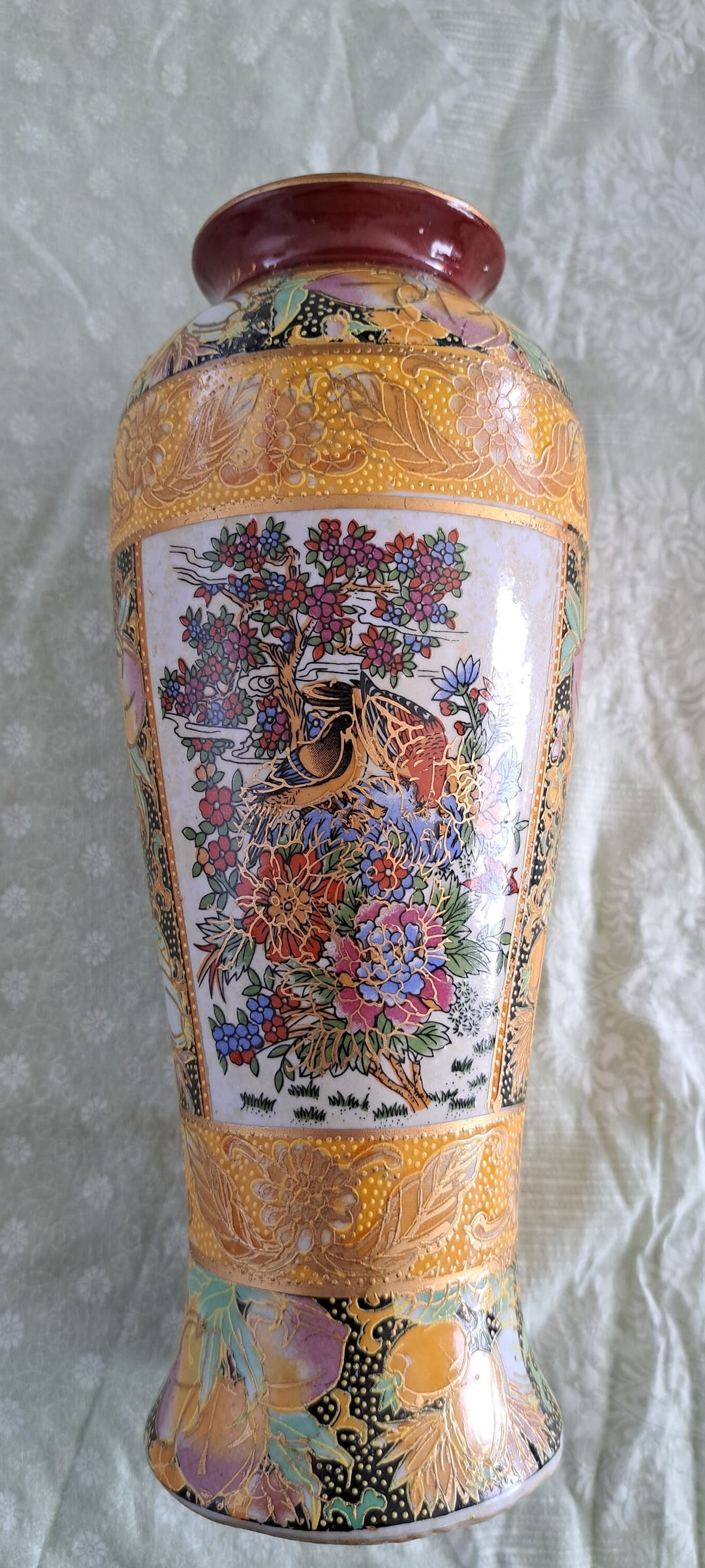 VTG Asian Japanese Satsuma Style Vase Earthenware Moriage Floral Design ...