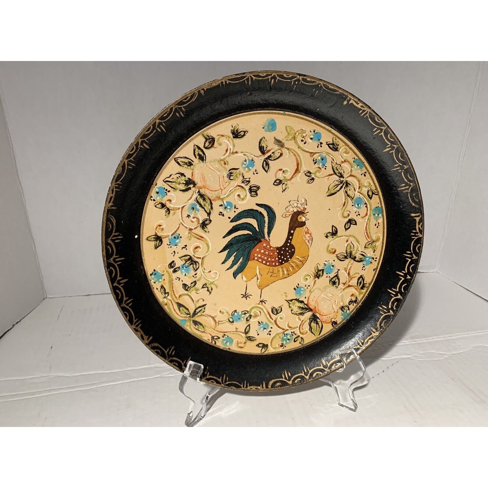 Black & Cream Paper Mache Tole Tray French Country Rooster Vines ...