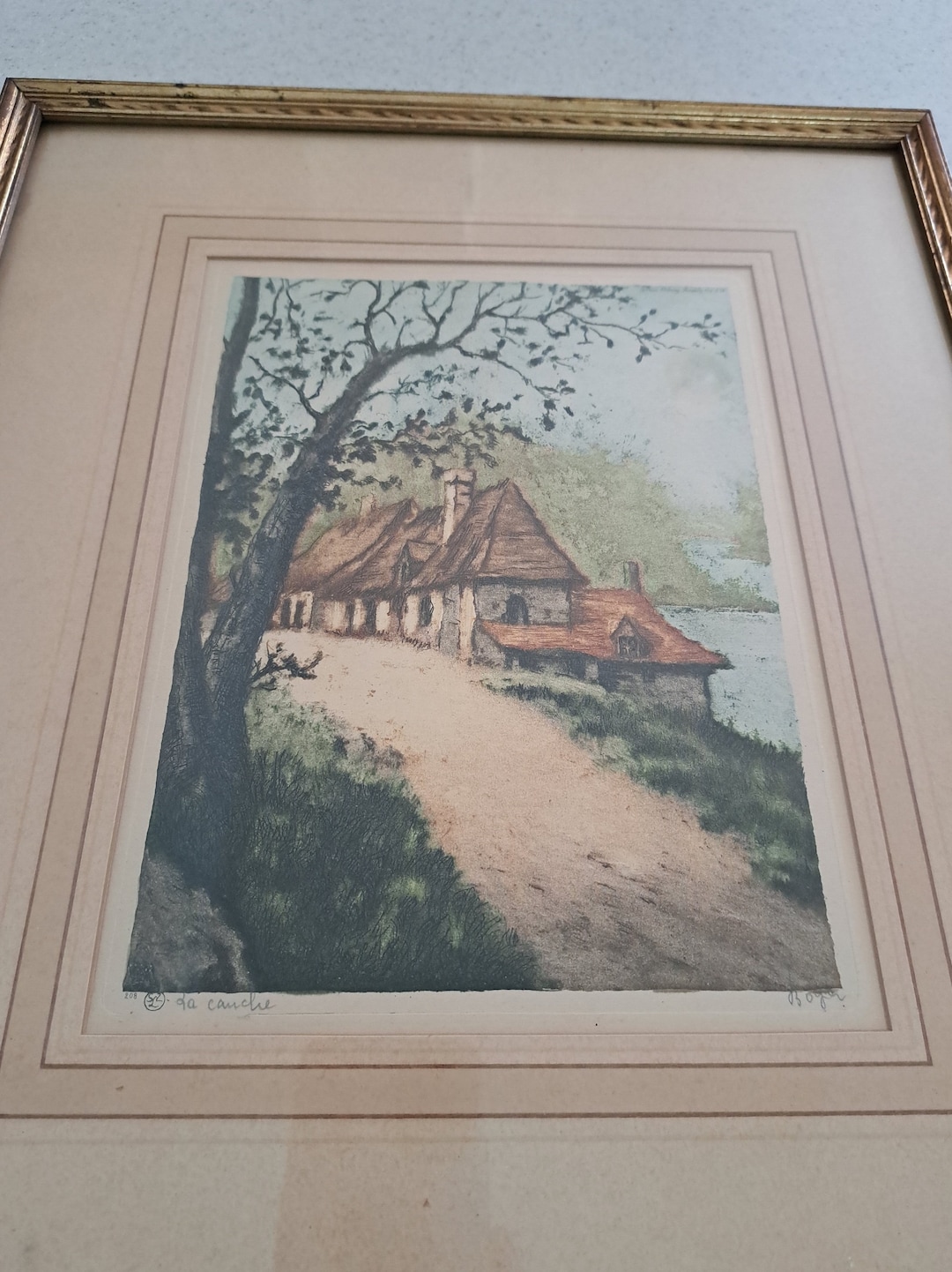 Vintage Signed Colored Etching "along the Lake" Pathway Along a Lake ...