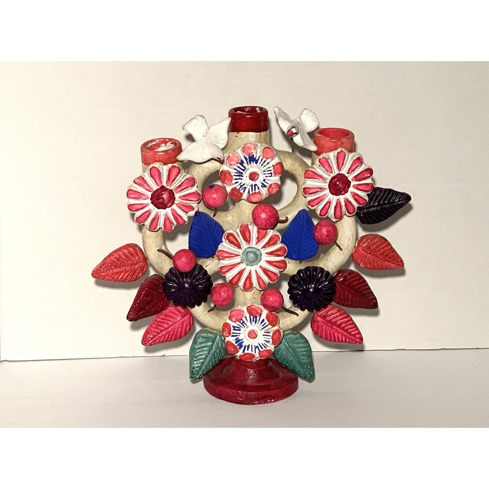 Mexican Tree of Life Pottery 3 ARM CANDELABRA Sculpture 10'' Candle ...