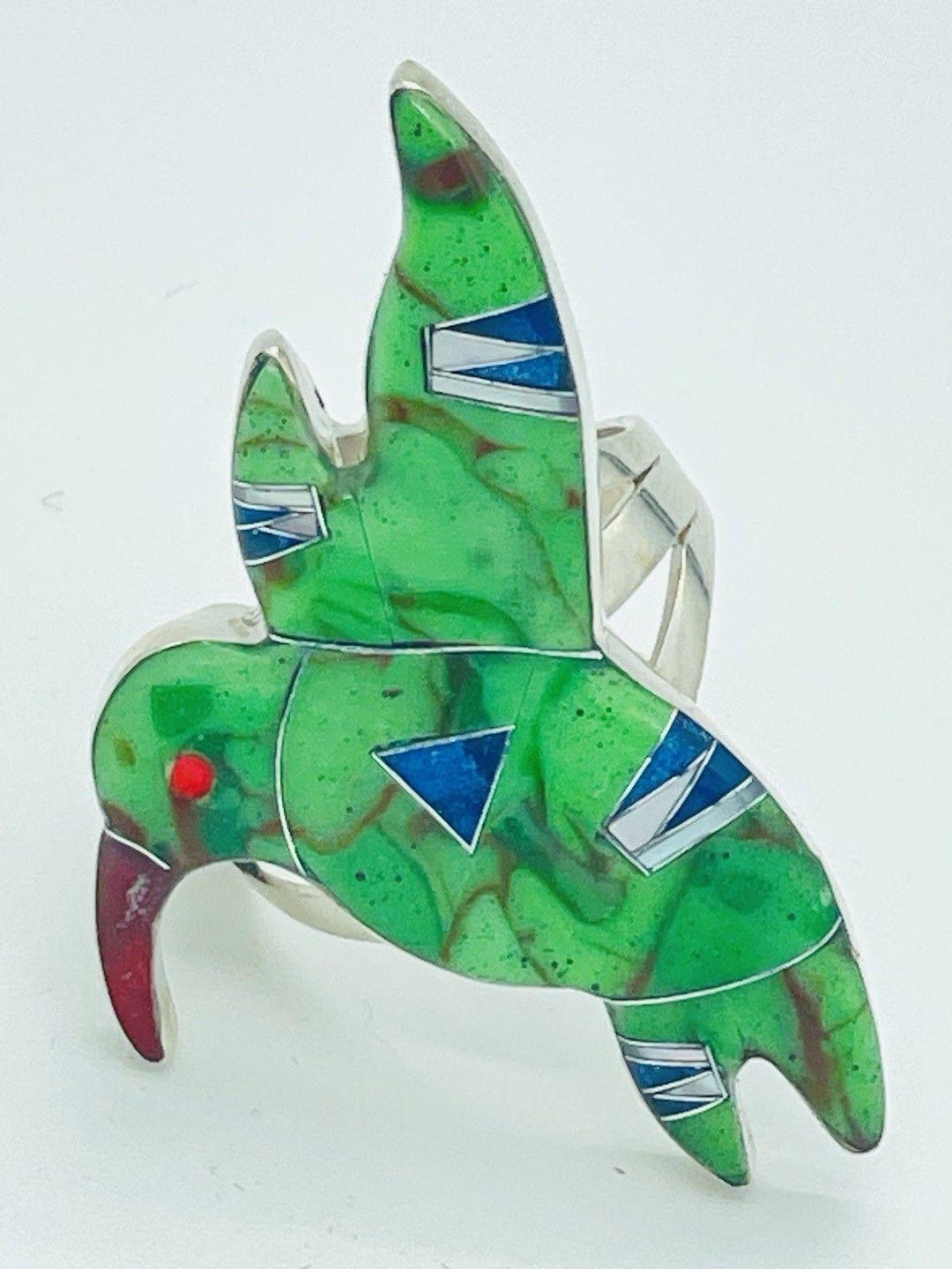 Zuni Hummingbird Ring, Lime Green Turquoise Inlay, Signed Sterling ...