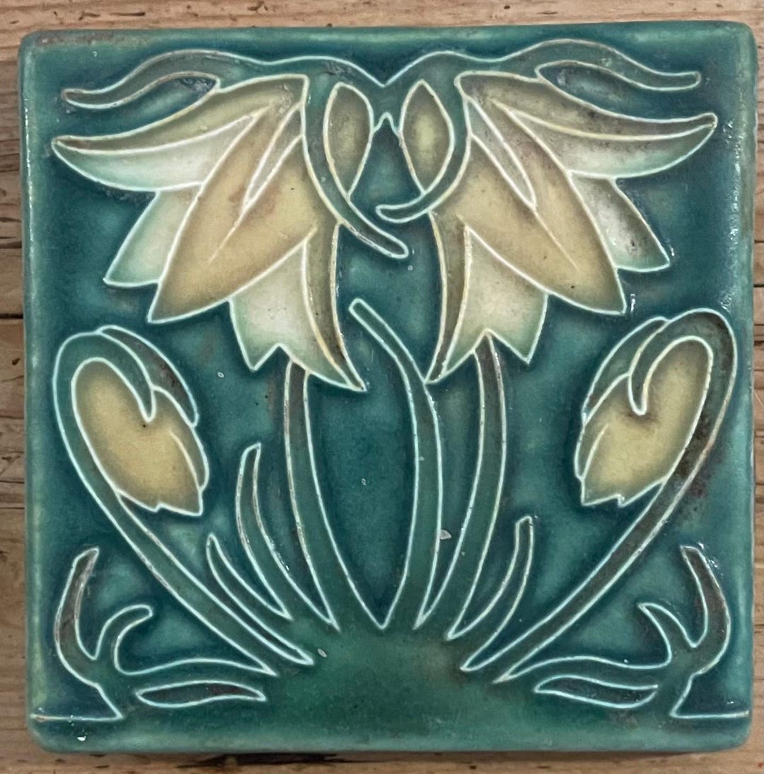 Motawi Arts & Crafts Tile - Cream and Beige on Green Ladybell - Etsy