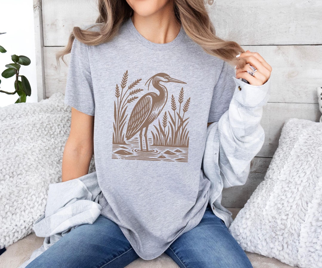 Linocut Bird Shirt, Block Print Nature Shirt, Cottagecore Heron Tee ...