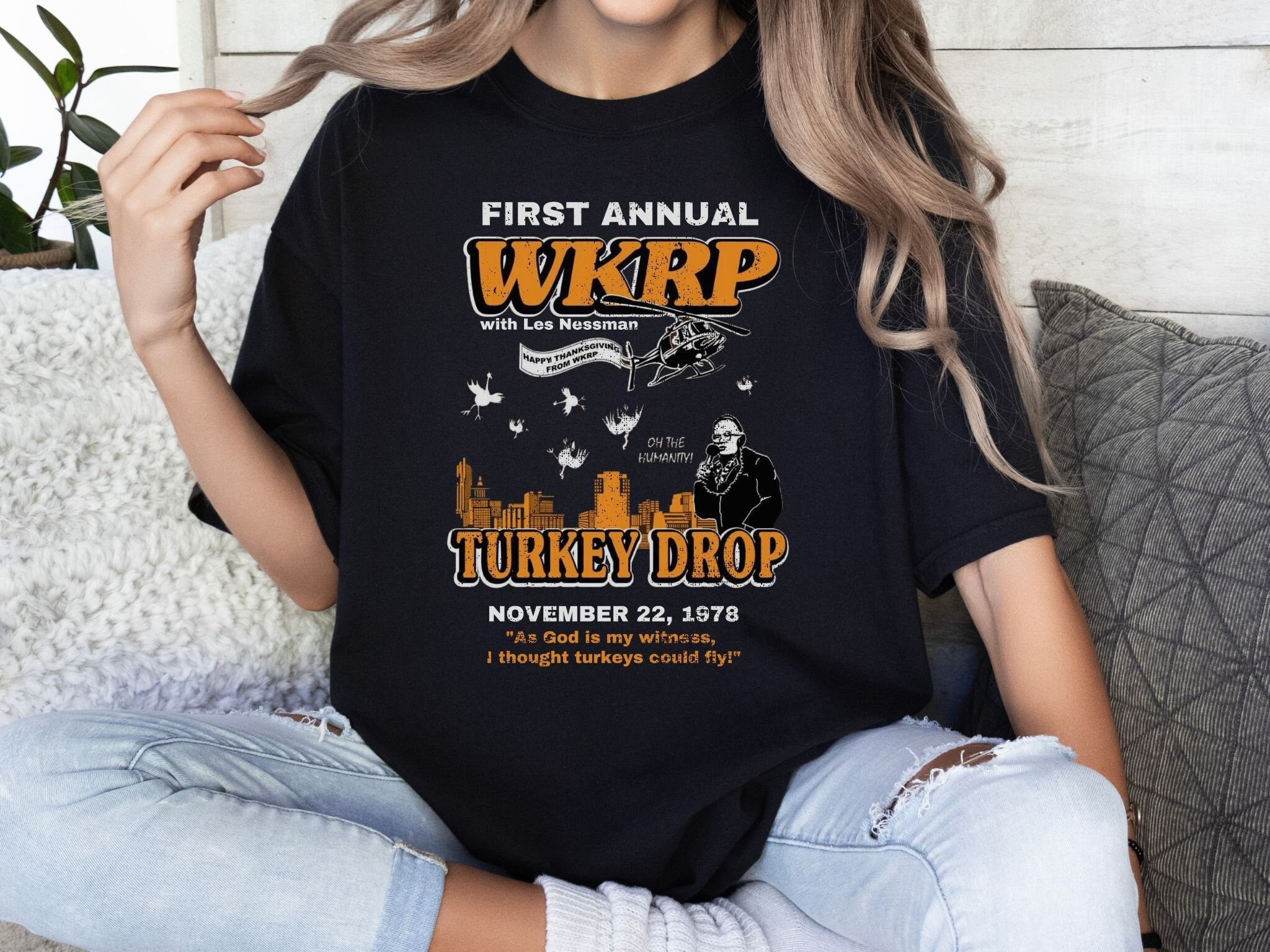 WKRP Turkey Drop Shirt, WKRP Thanksgiving Turkey Drop Crewneck Tee, Funny Retro Thanksgiving Tee ...