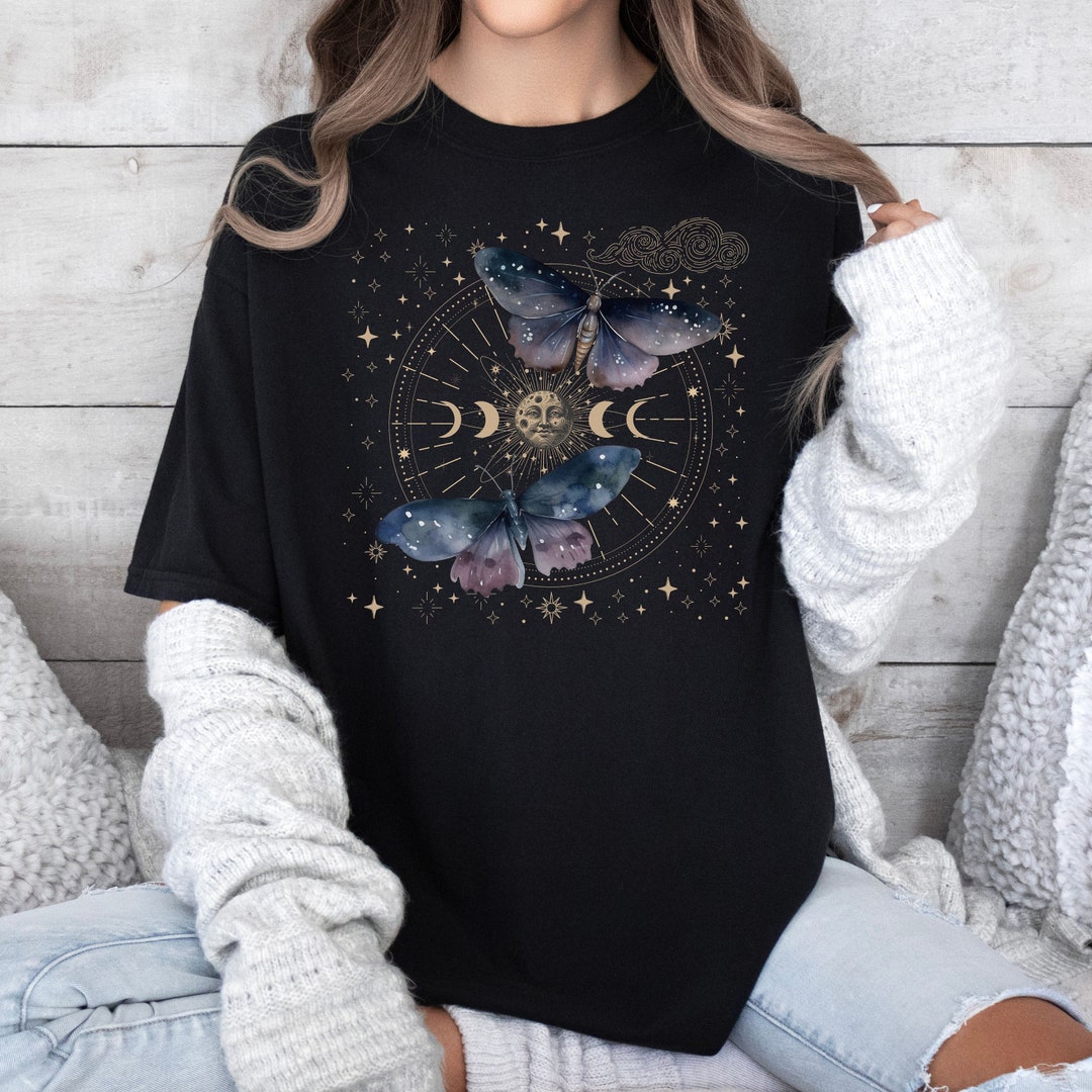Celestial Moon and Moths Comfort Colors Shirt, Moth Lover Moon Phase ...