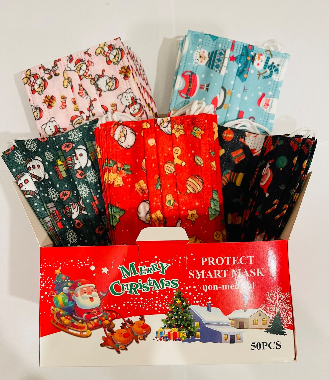 Christmas Print Kids Disposable Face Mask 50 PC Assorted 3ply Ear Loop ...