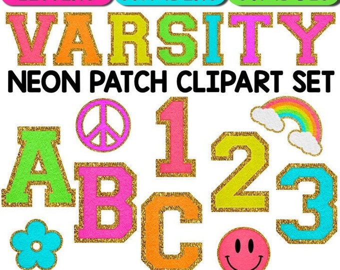 Neon Groovy Varsity Patch Letters Clipart & Bulletin Board Set - Etsy