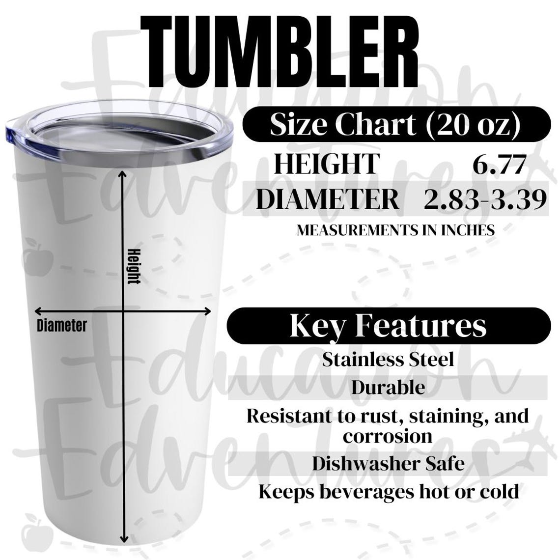 Tumbler Size Chart and Key Features, Printify POD Product Listing for ...