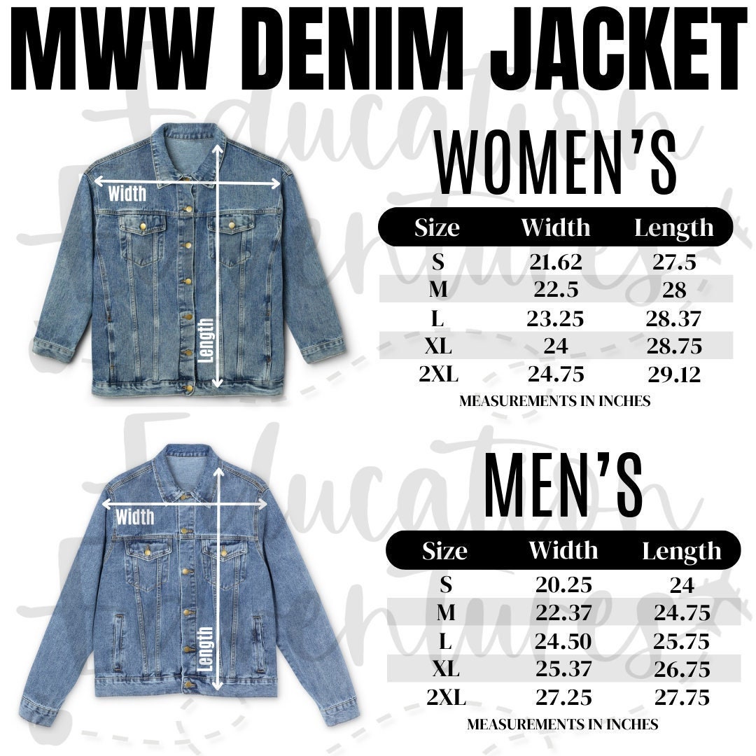 Womens and Mens MWW Denim Jacket Size Chart, Printify Product Listing ...