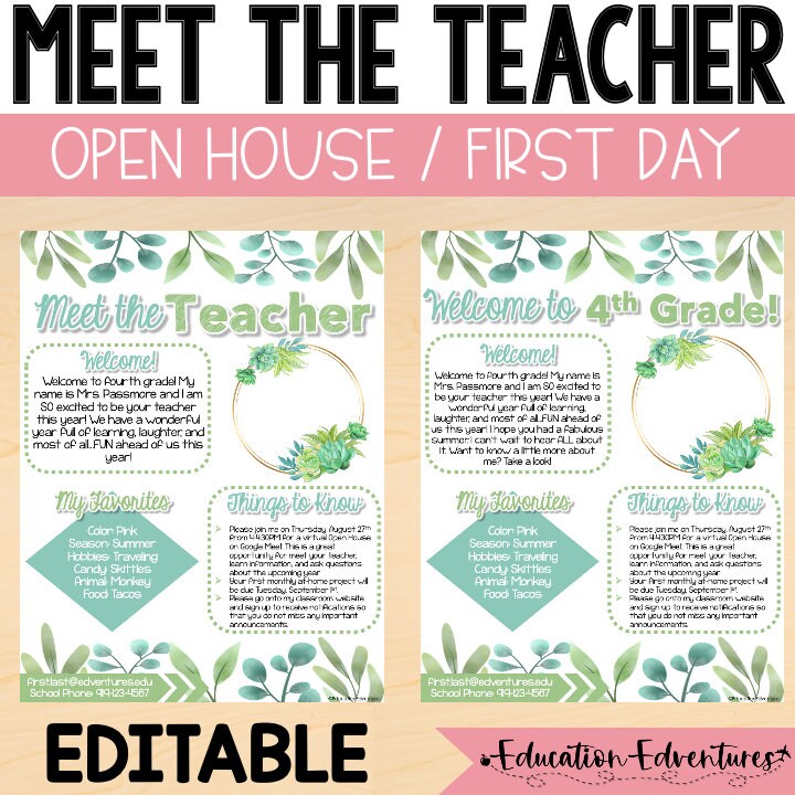 Meet the Teacher & Weekly Newsletter Template Editable Open House ...