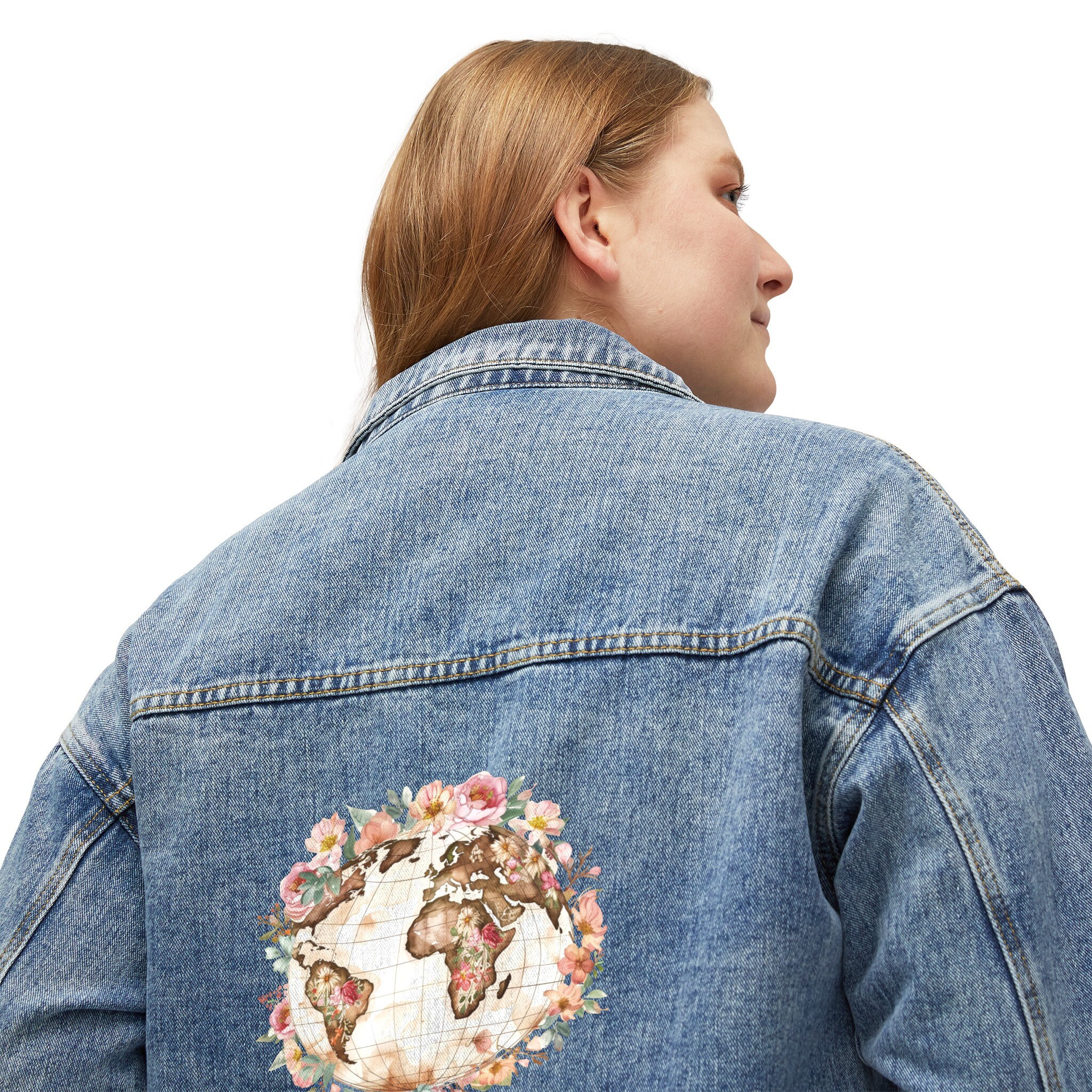 Wanderlust Watercolor Floral World Globe Women's Denim Jacket, World ...
